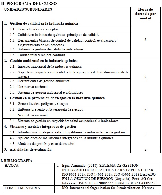 Programa del curso para GESTION DE CALIDAD, AMBIENTE Y SEGURIDAD EN LA ...