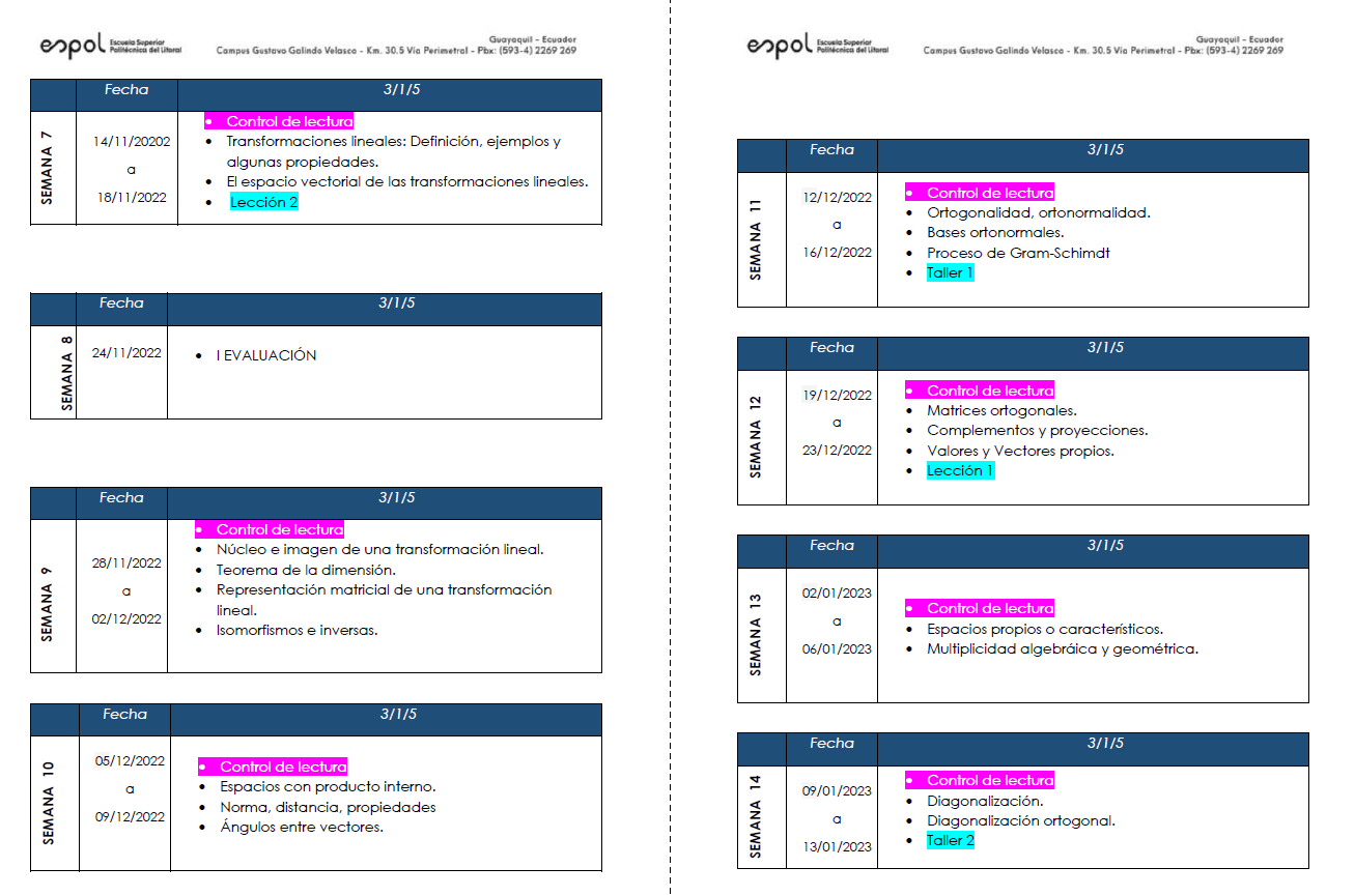 Programa del curso para ÁLGEBRA LINEAL - II PAO 2022 Práctico